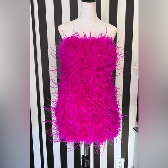 Ever Chic | Dresses | Fuchsia Strapless Ostrich Feather Mini Dress ...